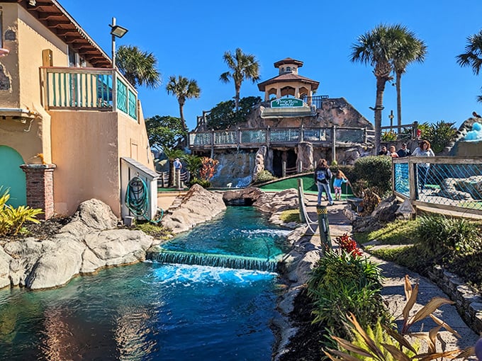 Mini-Golf Waterway: Crystal-clear waterways wind through the course like liquid sapphires, reflecting palm trees and creating the perfect backdrop for your putting adventures.