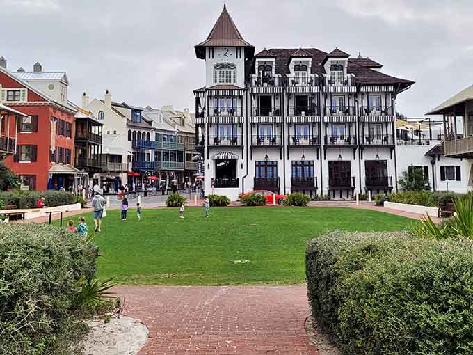 The town center's distinctive architecture blends European elegance with coastal casual, creating a gathering space that feels both grand and welcoming.