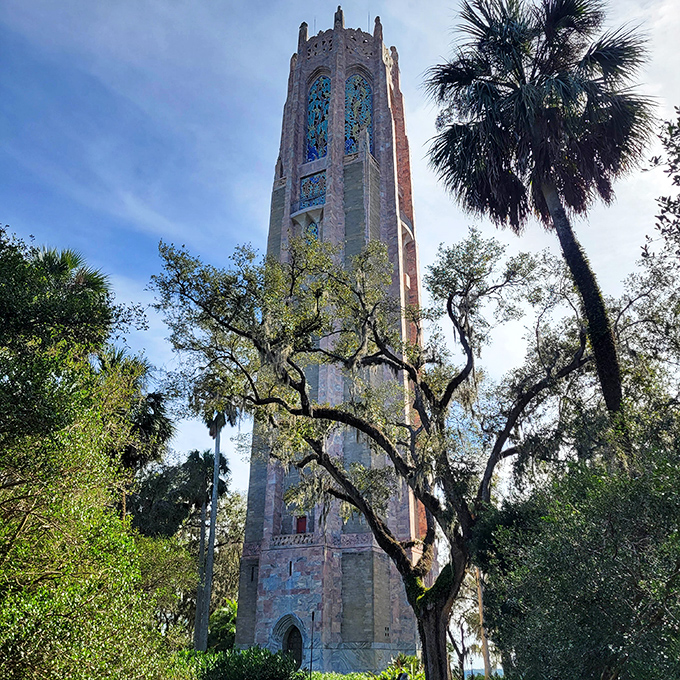 Gothic meets Florida as the Singing Tower reaches skyward, its stained glass windows catching light like jewels.
