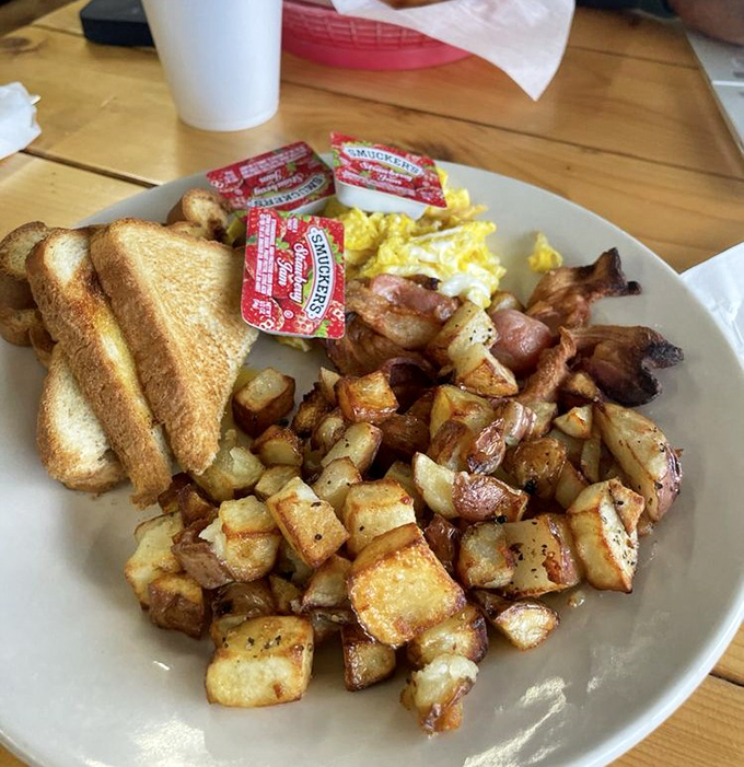 Breakfast perfection on a plate &ndash; those home fries are the kind that make you question every fancy brunch you've ever waited for.