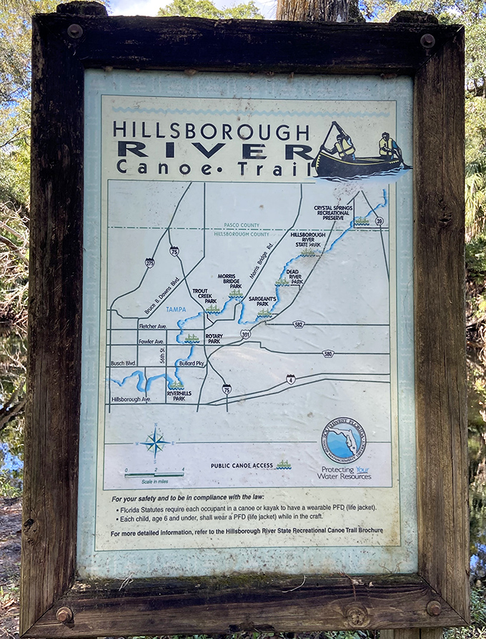 This weathered trail map has guided countless adventurers through the park's watery wonders, like a treasure map where X marks every spot.