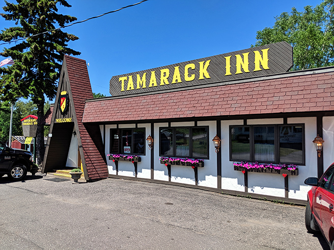 Tamarack Inn's distinctive A-frame entrance promises hearty meals and local charm after a day of Keweenaw adventures.