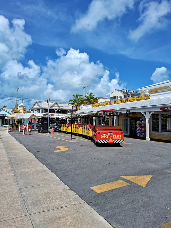 The charming depot welcomes visitors with island vibes and the promise of adventure just minutes away.