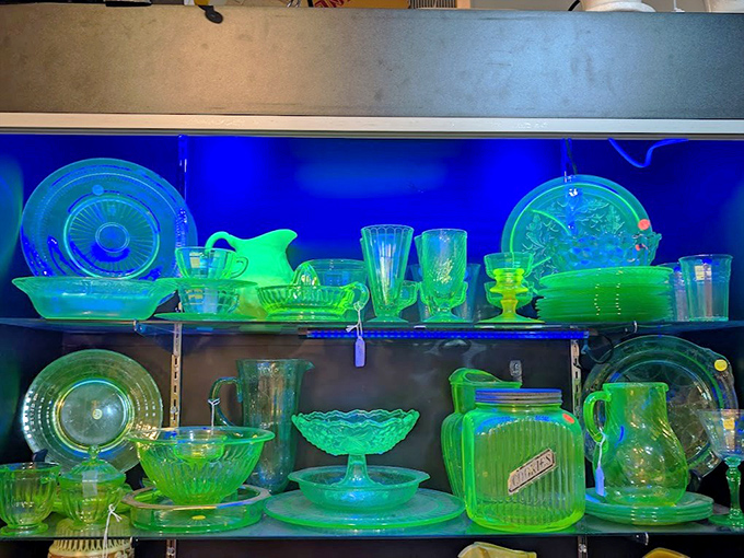 Under ultraviolet light, the uranium glass collection glows an otherworldly green &ndash; beautiful science from an era before radiation warnings.