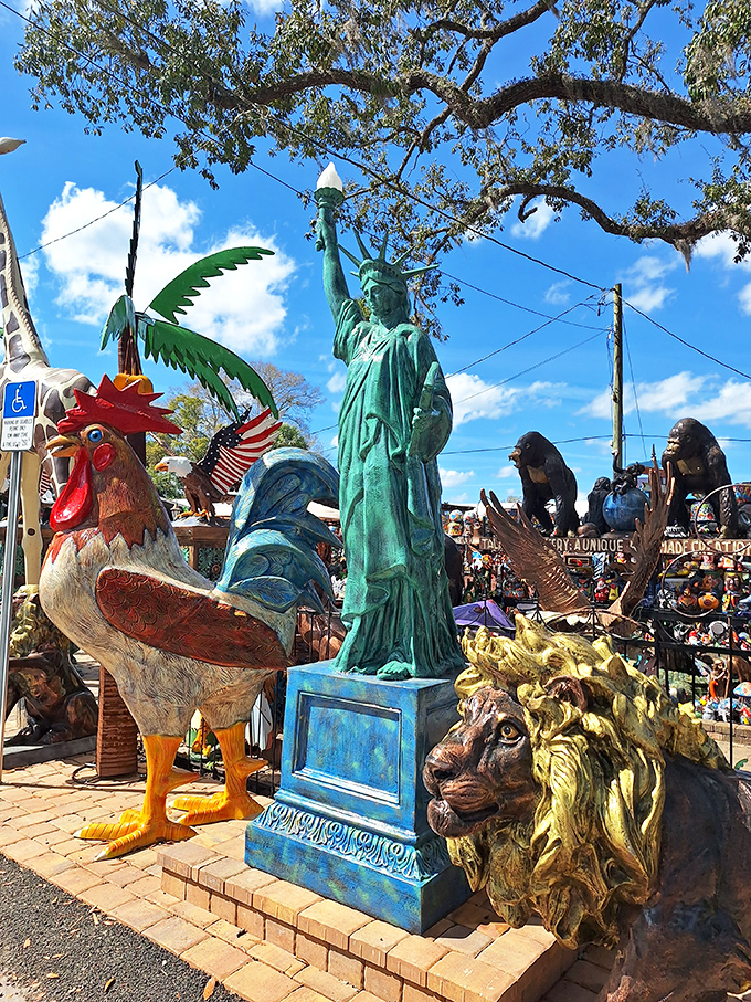 Lady Liberty herself holds court among roosters and lions &ndash; a patriotic menagerie under Florida's blue skies.