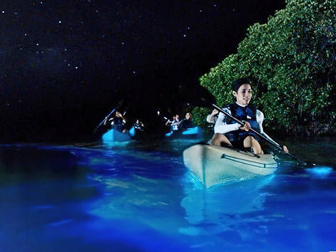 Guided explorers slice through liquid starlight, their vessels becoming cosmic ships in an underwater galaxy.