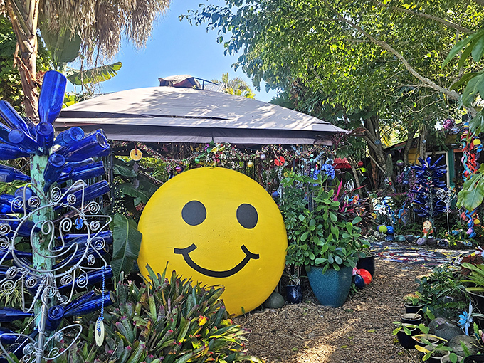 Who says art can't smile? Whimzeyland's giant yellow grin is just the beginning of this kaleidoscopic wonderland of bowling balls and whimsy.