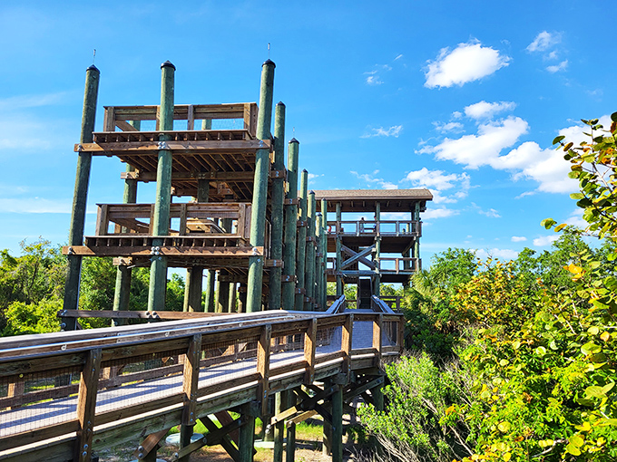 The observation tower stands like a sentinel, promising views worth every step of the climb.