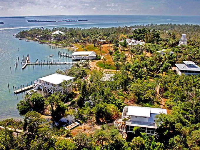 From above, Cabbage Key reveals its true character: a lush green haven surrounded by waters so blue they seem digitally enhanced, but are gloriously real.