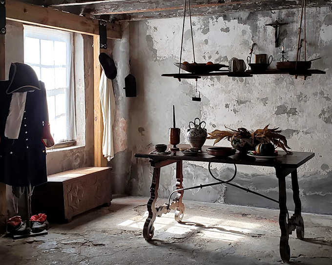 Step into the past with this sparse colonial room where everyday items hang suspended in time &ndash; no Amazon Prime delivery here, folks!