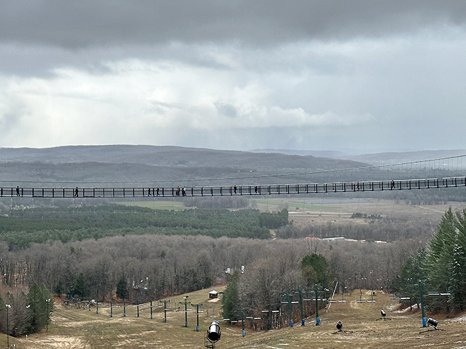 Tiny figures crossing the massive span give perspective to this engineering marvel. From here, people look like ants on a very ambitious tightrope!