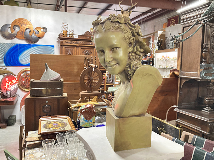 This haunting fiberglass bust seems to follow you with her eyes, silently guarding centuries of stories within these walls.