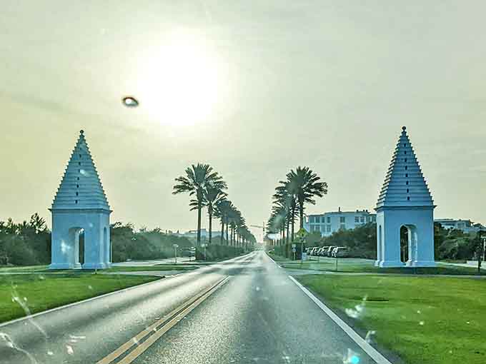 Twin white towers stand sentinel at Alys Beach's entrance, like architectural bouncers guarding the gateway to Florida's most photogenic community.