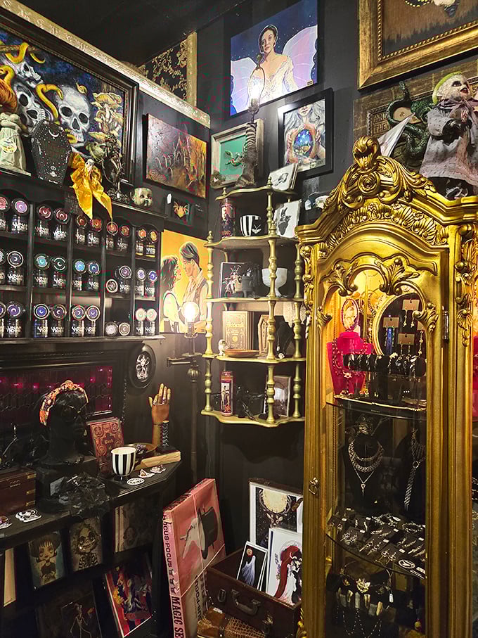 The jewelry display showcases handcrafted pieces where nature meets mysticism &ndash; dragonflies, moons, and crystals transformed into wearable art.