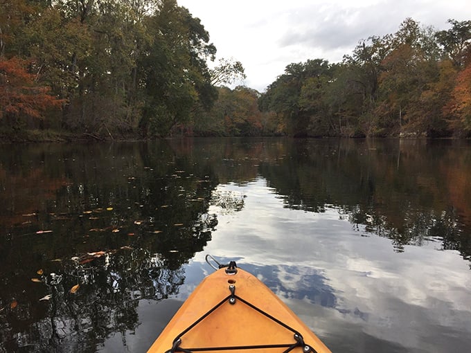 Paddling through mirror-like waters where every stroke feels like turning a page in nature's storybook.