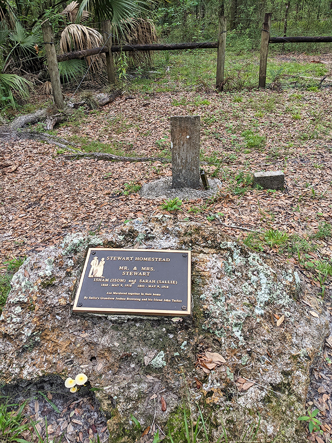 A brass plaque reveals the homestead's dark secret – the Stewarts were murdered here in 1918, their story etched in metal.