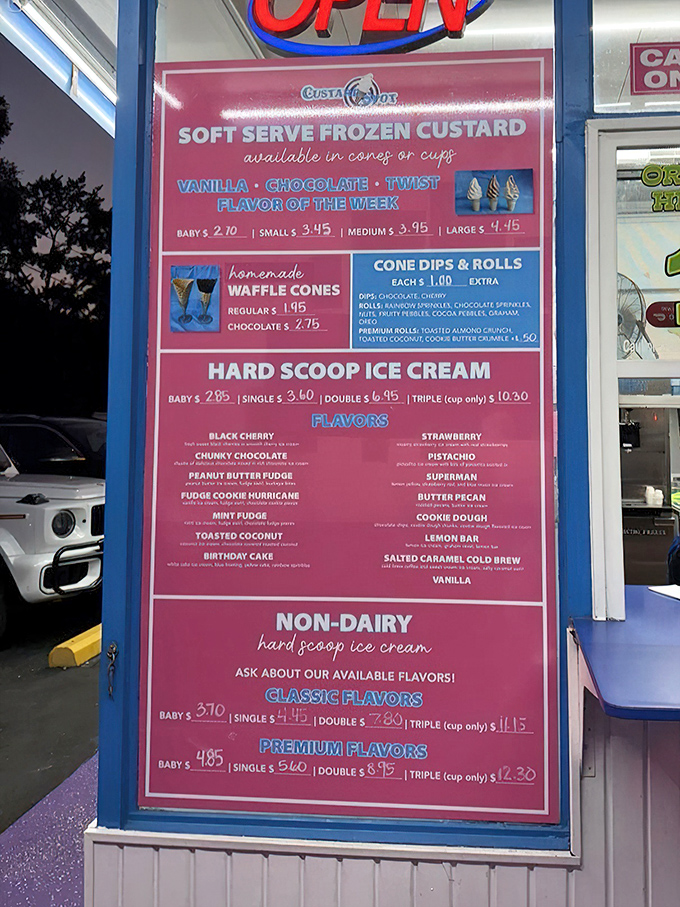 The vibrant menu board showcases a tempting array of frozen custard options, from classic flavors to elaborate sundae creations.