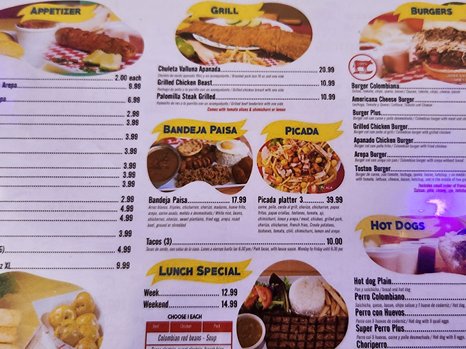 The menu reads like a passport to Colombian street food paradise&mdash;hot dogs, burgers, and traditional plates that promise a delicious adventure.