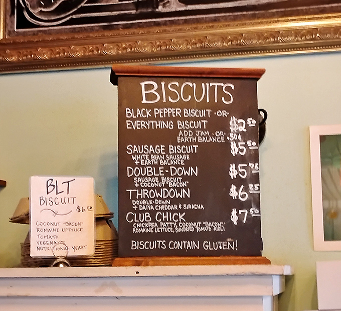 The menu board proudly announces "BISCUITS CONTAIN GLUTEN!" &ndash; a refreshing bit of honesty in today's dietary landscape.