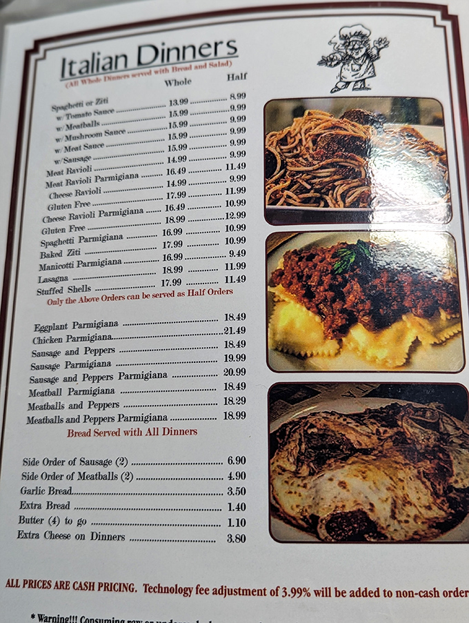 The Italian dinner menu reads like a love letter to carb enthusiasts, pasta dreams made real with generous portions and classic preparations.