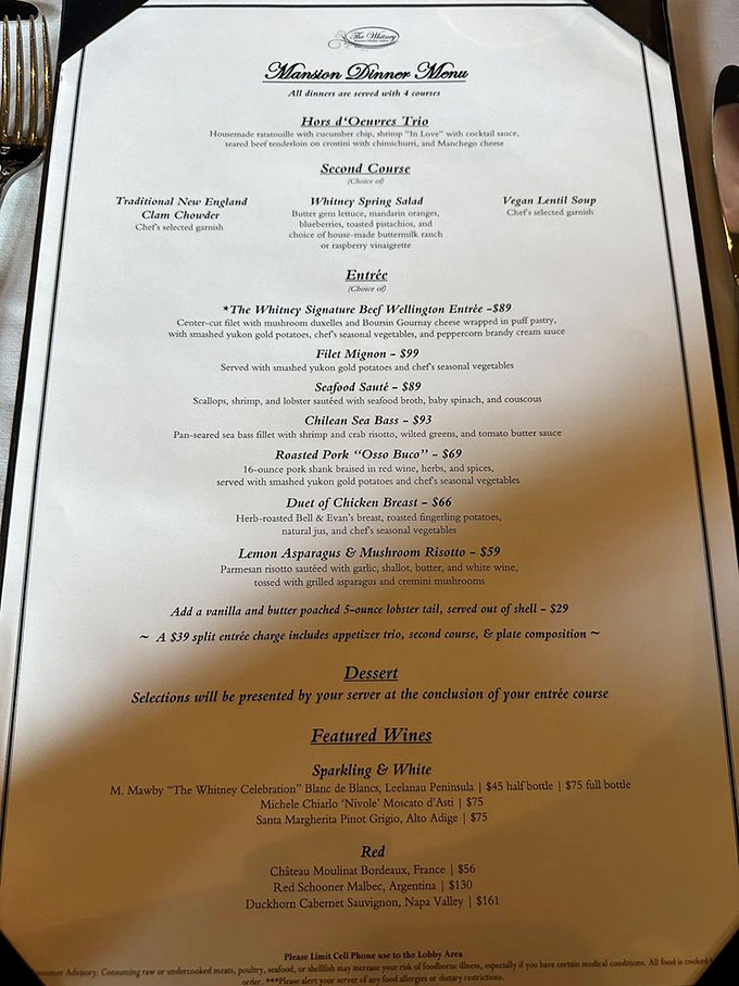 The Whitney's elegant dinner offerings showcase classic American cuisine with contemporary flair, from seafood specialties to their signature Beef Wellington.