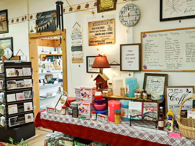 The wall of inspirational signs reminds us that sometimes the best philosophy comes with a side of cookies and good company.