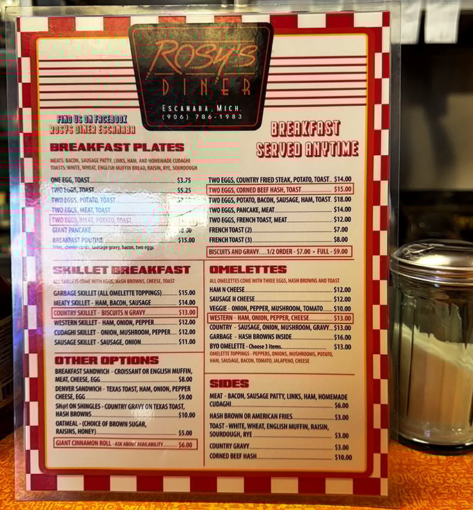 The menu at Rosy's doesn't just list food—it's a roadmap to breakfast nirvana, with biscuits and gravy leading the expedition.