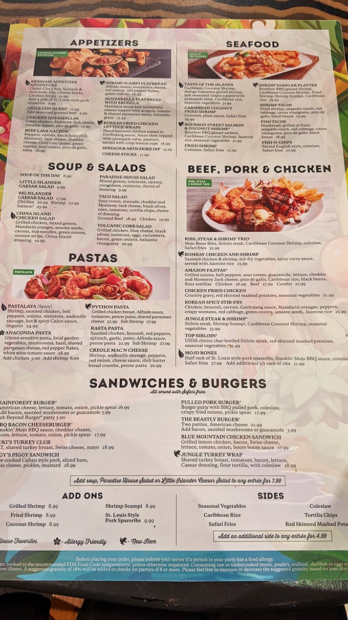 The menu offers everything from tropical-inspired seafood to hearty burgers, with clever names that continue the jungle theme throughout your meal.