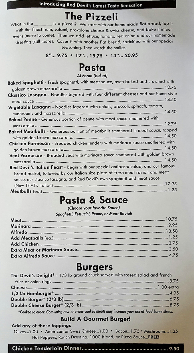 The menu reads like a love letter to Italian-American cuisine, with the famous Pizzeli and pasta selections stealing the spotlight.