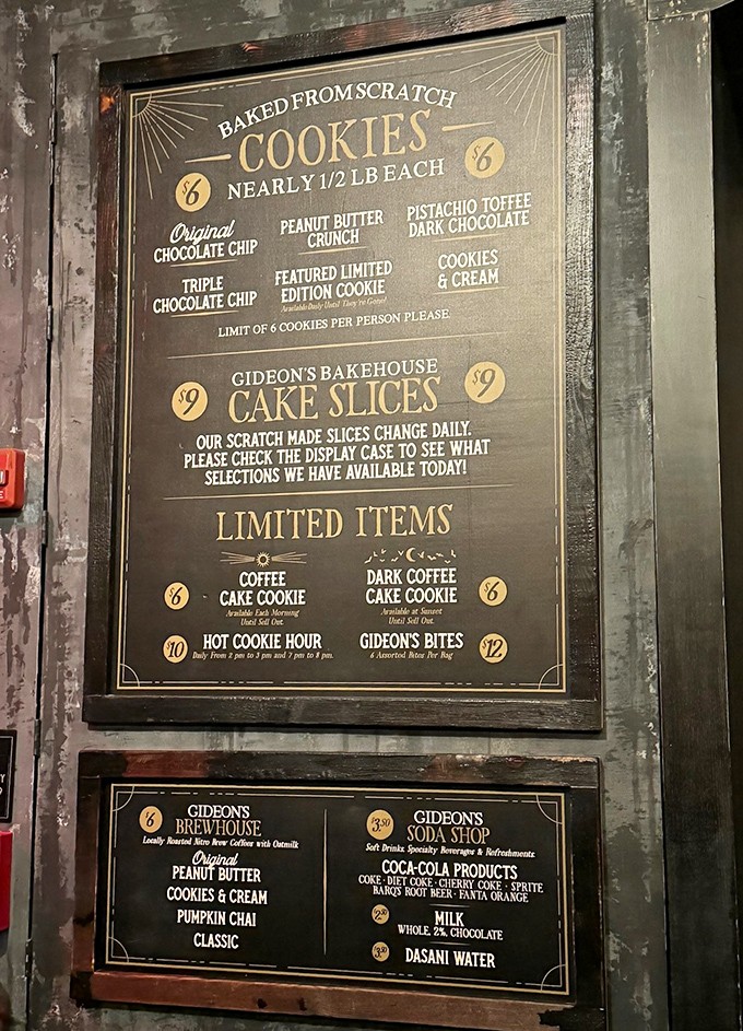 The menu board promises nearly half-pound cookies that aren't just desserts but full-blown commitments to deliciousness.