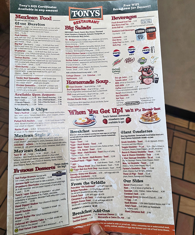 The menu at Tony's reads like a manifesto of American comfort food &ndash; breakfast all day, sandwiches that defy gravity, and desserts of mythic proportions.