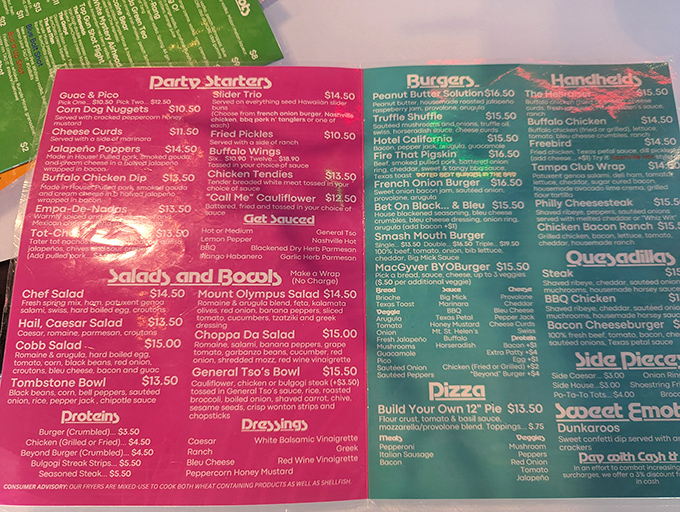 The vibrant menu pops with color-coded sections, offering everything from "Party Starters" to "Sweet Emotions" in true '90s fashion.