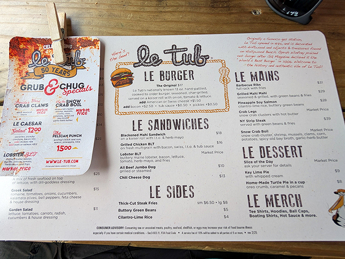 Le Tub's menu doesn't need fancy fonts or elaborate descriptions – when your burger's this legendary, simplicity speaks volumes.