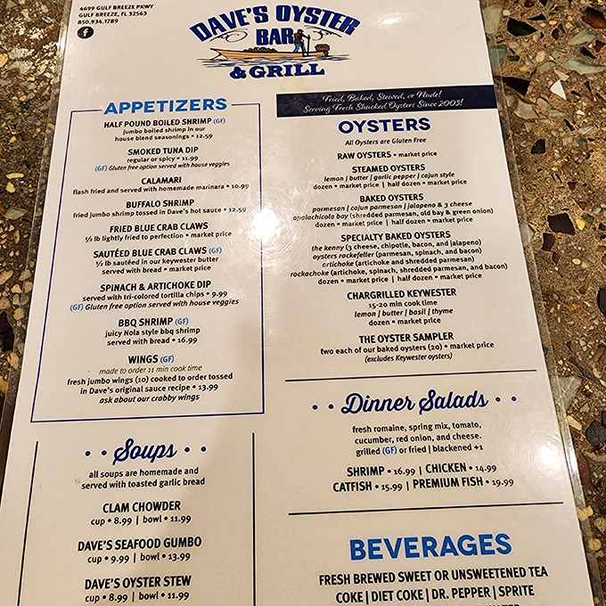 The seafood lover's bible unfolds with tempting offerings from raw oysters to po' boys, each promising a direct line to flavor heaven.