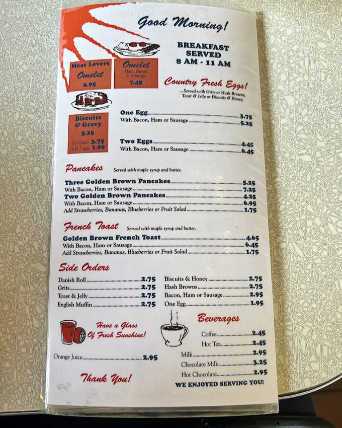 A breakfast menu that gets straight to the point&mdash;eggs, pancakes, and all the classics. No avocado toast in sight, just timeless morning fare that never goes out of style.