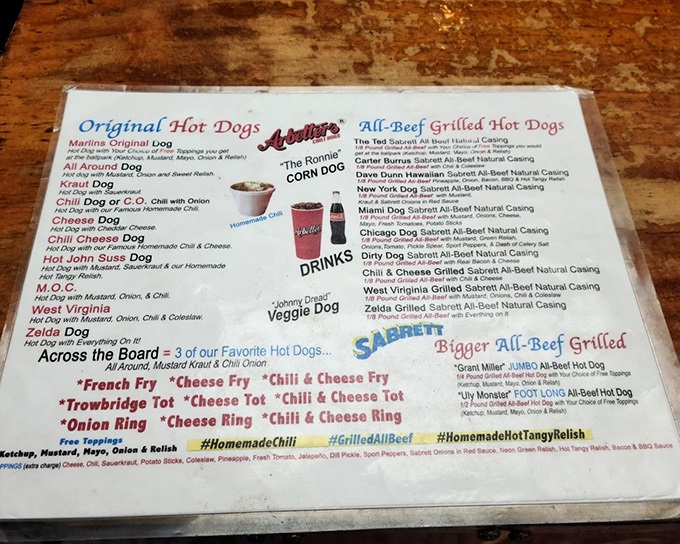 The menu at Arbetter's reads like a love letter to hot dog perfection &ndash; no fancy descriptions needed when the food speaks this loudly.