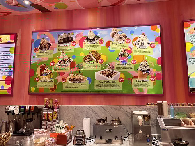 The menu board showcases frozen masterpieces with names as creative as the flavors themselves. Decision paralysis guaranteed!
