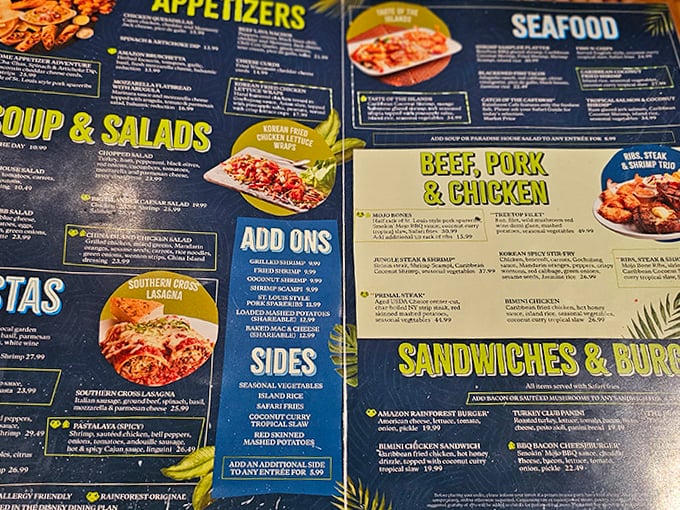 The extensive menu offers everything from burgers to seafood, with colorful descriptions that make ordering feel like reciting lines from an adventure novel.