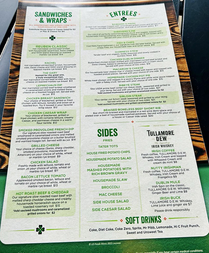 This menu reads like a love letter to comfort food, with Irish classics and American favorites sharing the spotlight in perfect harmony.
