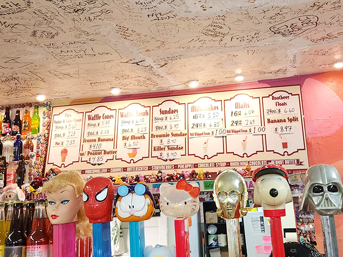 The menu board offers a dizzying array of frozen delights, from classic sundaes to towering waffle cones of homemade goodness.