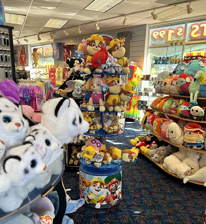 Plush toy paradise: Stuffed characters from every franchise imaginable stand at attention, their button eyes silently pleading, "Take me home!" Resistance is futile.