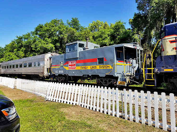 Transfer caboose: The "Family Lines System" caboose, with its distinctive silver exterior, recalls an era when these rolling offices were a railroad necessity.