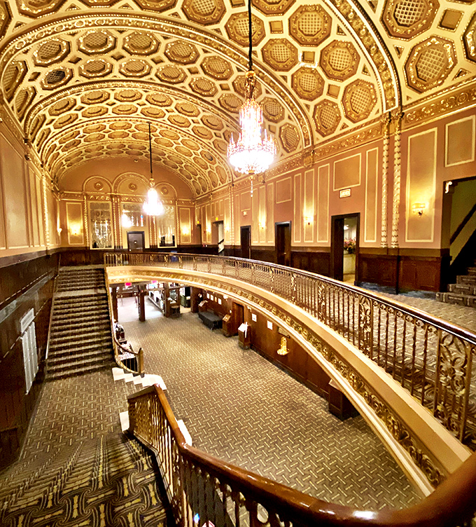 The honeycomb ceiling of the upstairs lobby looks like it was designed by architectural bees with advanced degrees in elegance.