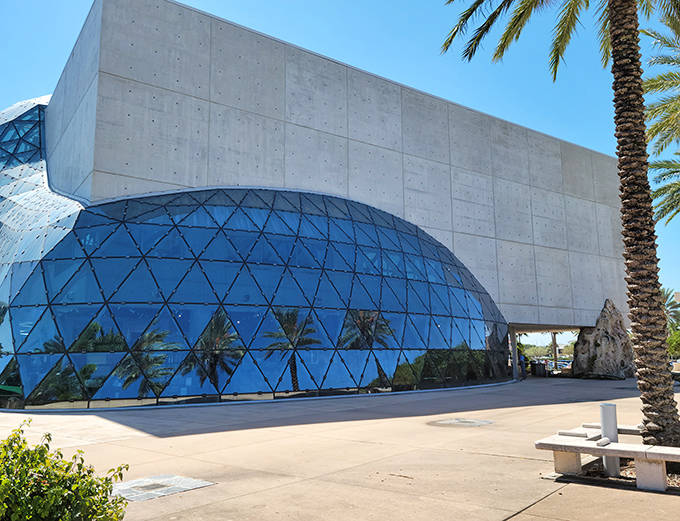 Those blue glass triangles catch the sunlight and seem to promise wild surprises inside the Dal&iacute; Museum.