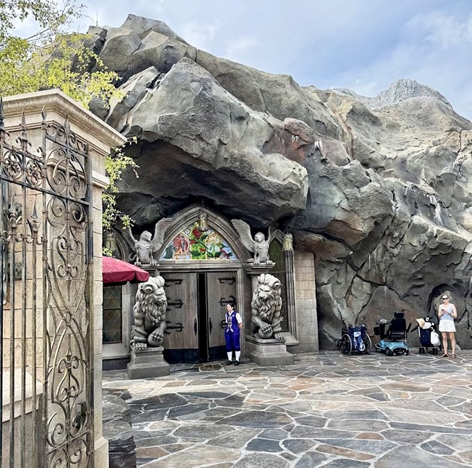 Be Our Guest Restaurant's exterior captures the magic of an enchanted castle. Those gigantic stone facade and gothic doors hide delightful dining rooms inside.