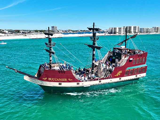 The Buccaneer's bold red and yellow stripes make it look like a floating candy cane designed by pirates with excellent taste.