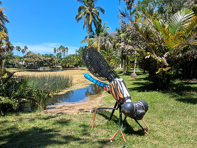A massive metallic dragonfly hovers near the water's edge, its impressive wingspan catching light as it rests among Fairchild's tropical landscape.