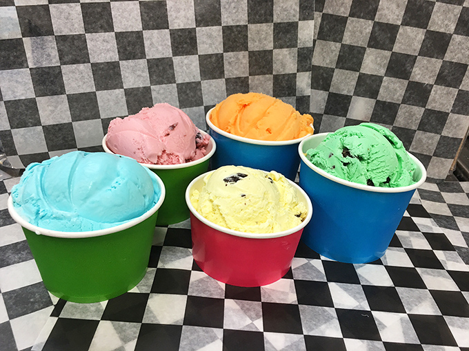 The MSU Dairy Store's rainbow of options – blue, yellow, pink, orange and green scoops that show school spirit comes in every flavor imaginable.