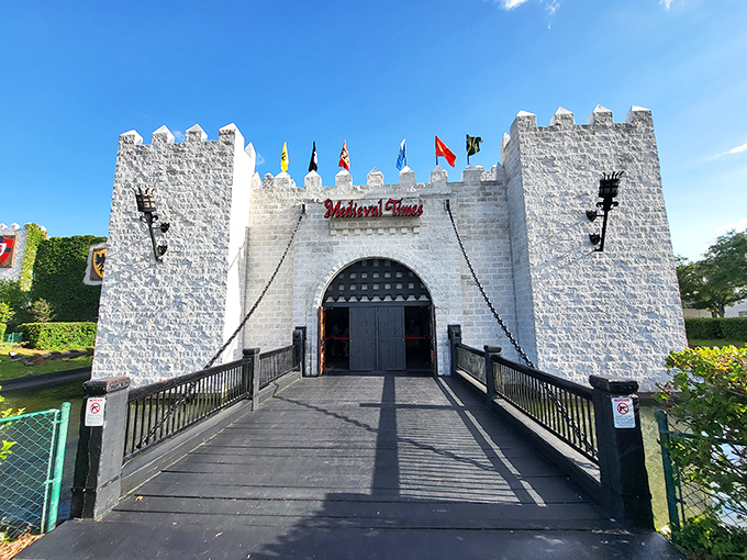Medieval Times' impressive castle entrance sets the stage for an evening of jousting, feasting, and medieval entertainment.