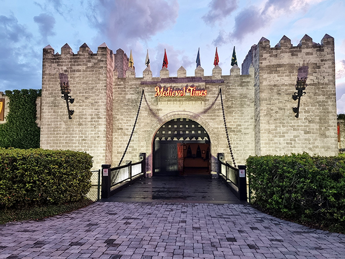 As dusk falls, Medieval Times' castle glows with anticipation, ready to transport guests to a world of knights and royal feasts.